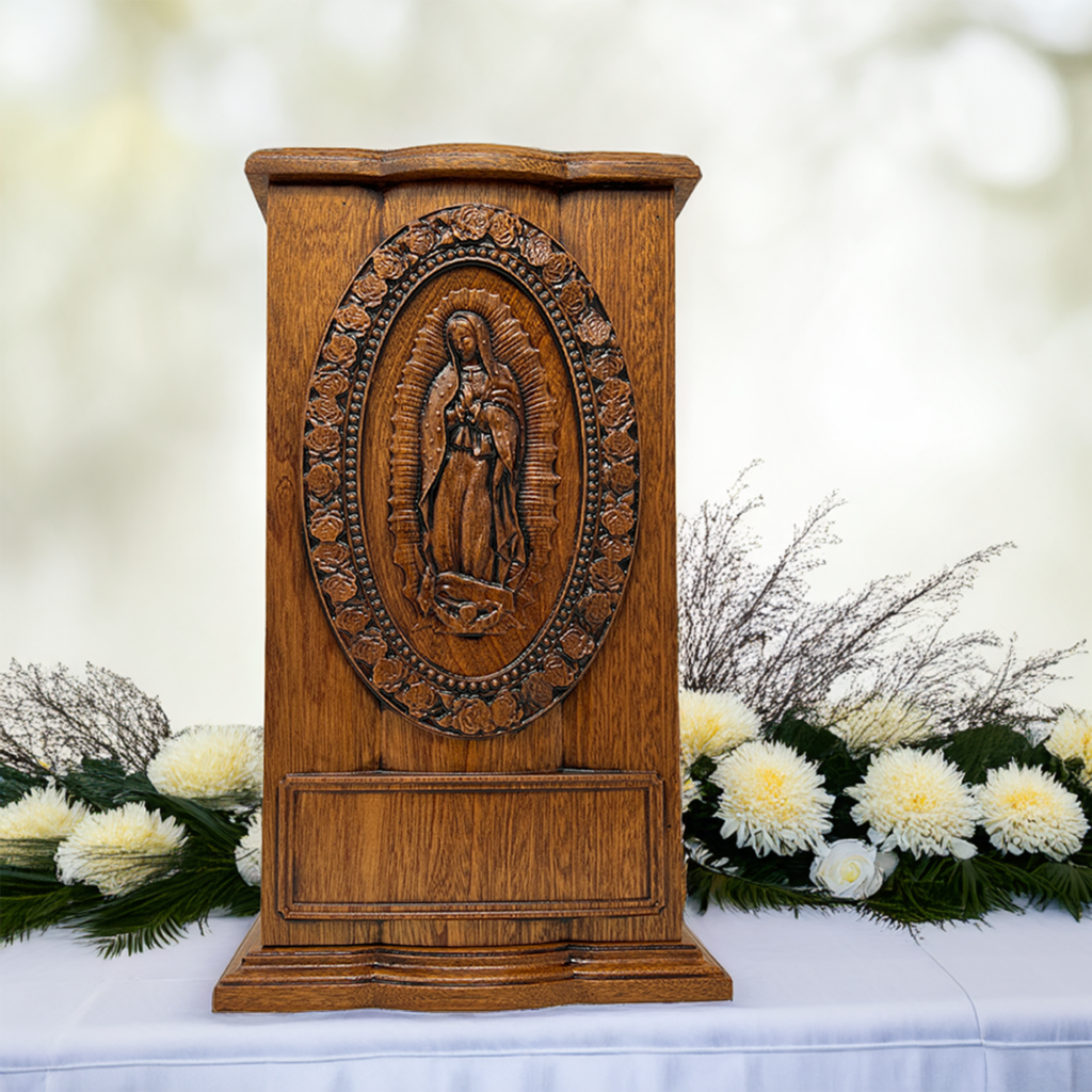 Our Lady of Guadalupe Carved Mahogany Cremation Urn – US Urns Online